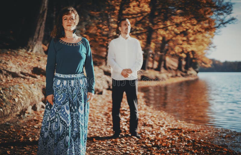 Romantic Couple in Love by the Lake in Autumn. Stock Image - Image of ...