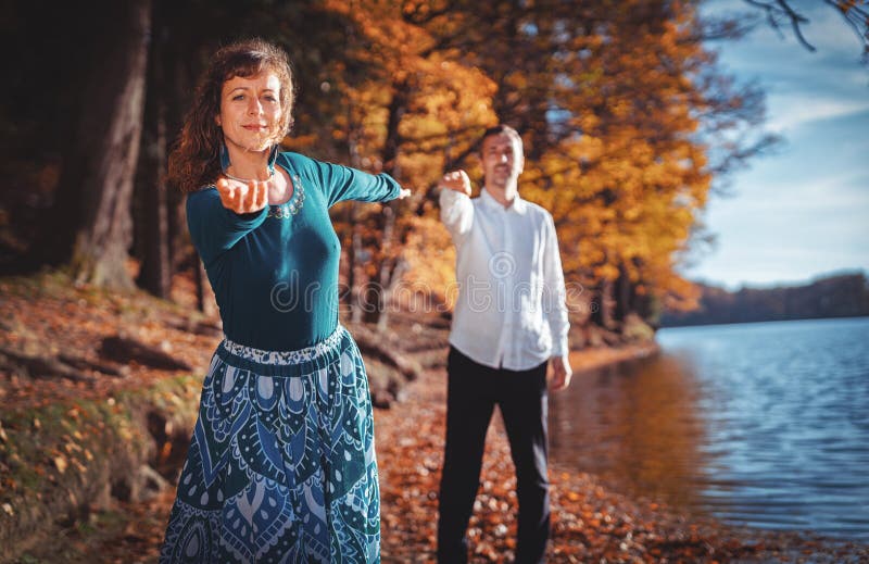 Romantic Couple in Love by the Lake in Autumn. Stock Image - Image of ...
