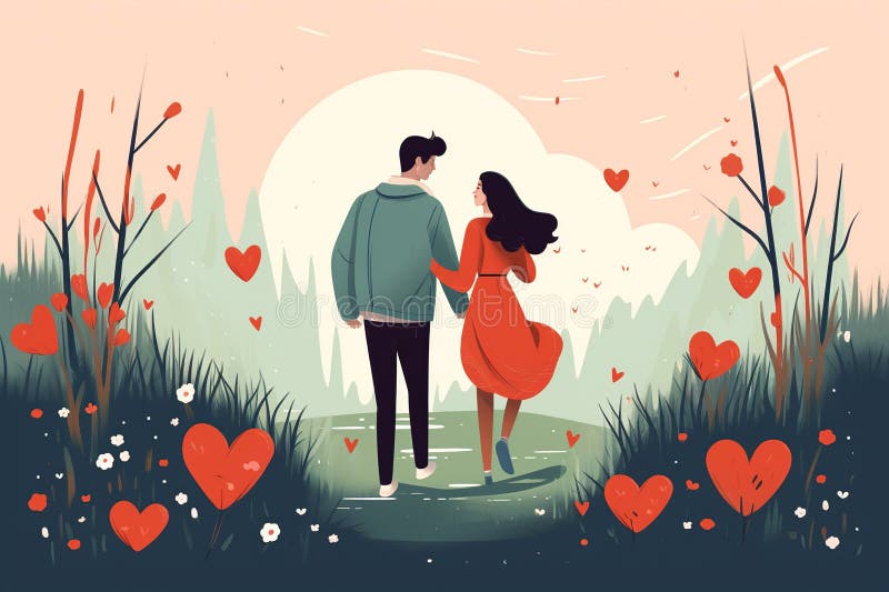 Romantic Couple in Love Walking in the Park. Vector Illustration in ...