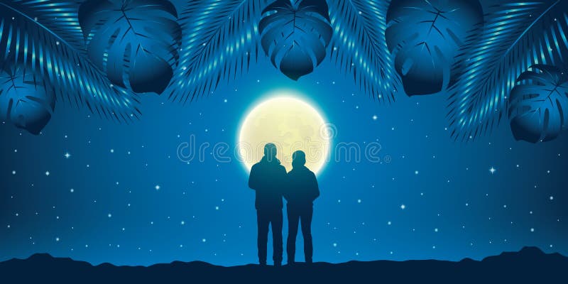 Romantic Couple at Night Background with Full Moon and Palm Tree Leaves ...
