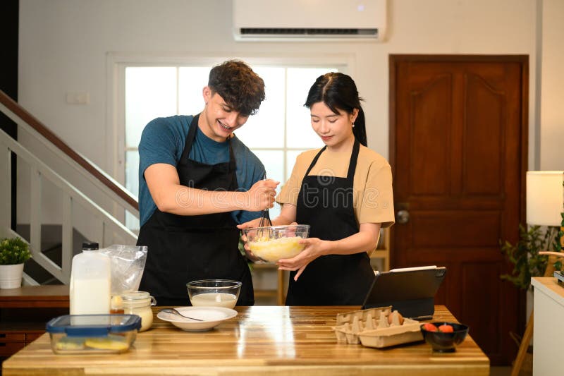 Romantic Couple Couple Prepares Breakfast in Warm Kitchen Stock Image ...