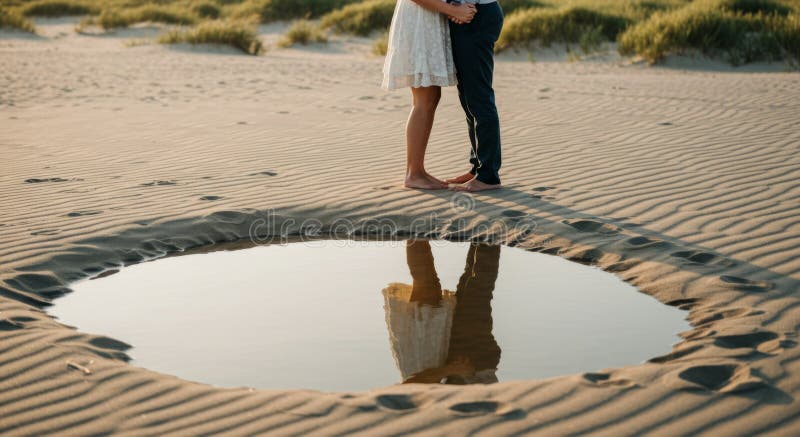 Romantic Couple Reflection in Beach Puddle Stock Illustration - Illustration of landscape ...