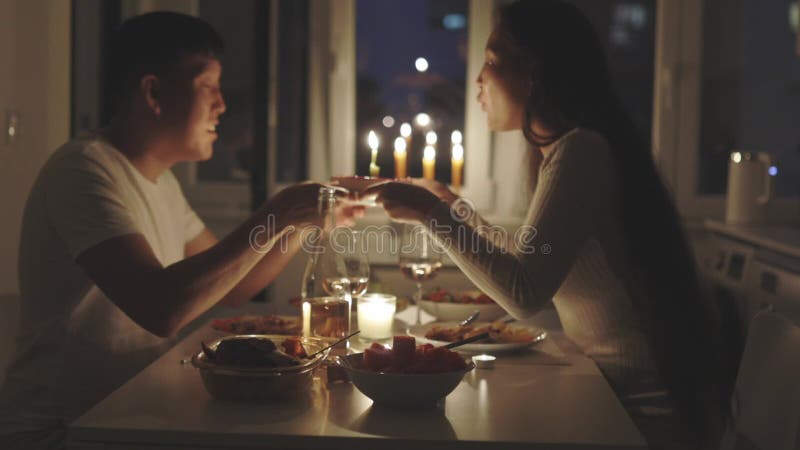 Romantic Couple Sharing Dessert by Candlelight at Home Stock Video ...