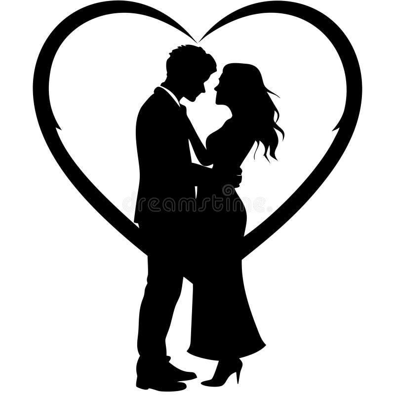 Romantic Couple Silhouette Embracing Inside Heart Shape Vector Art for ...