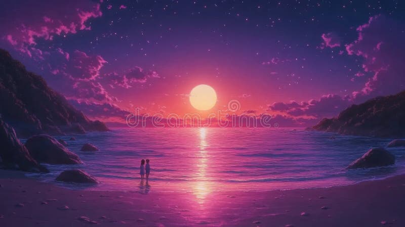 Romantic Couple Silhouette at Purple Sunset Beach Stock Illustration ...