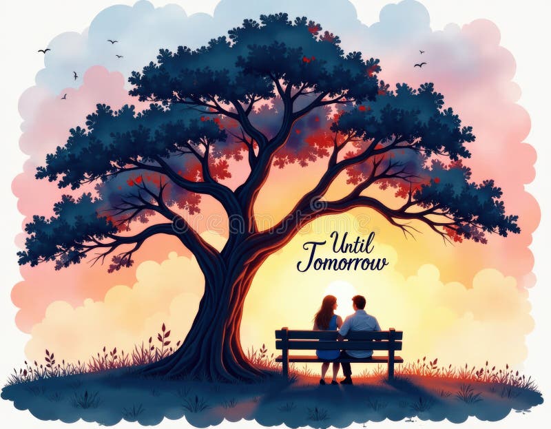 Romantic Couple Silhouette Under Sunset Tree with until Tomorrow Text ...