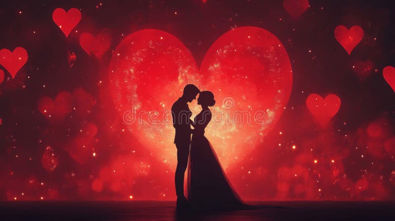 Romantic Couple Silhouetted Against a Red Heart-Shaped Background Stock ...