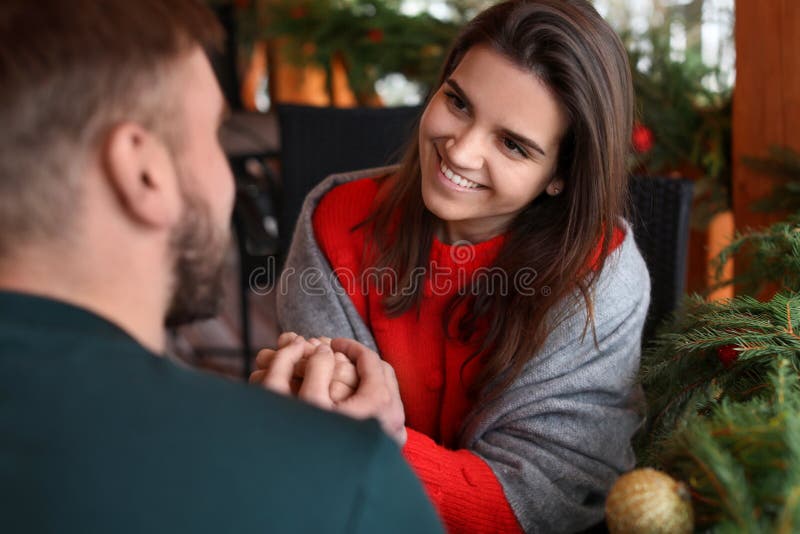 Romantic Couple Spending Time Together in Cafe. Winter Vacation Stock ...