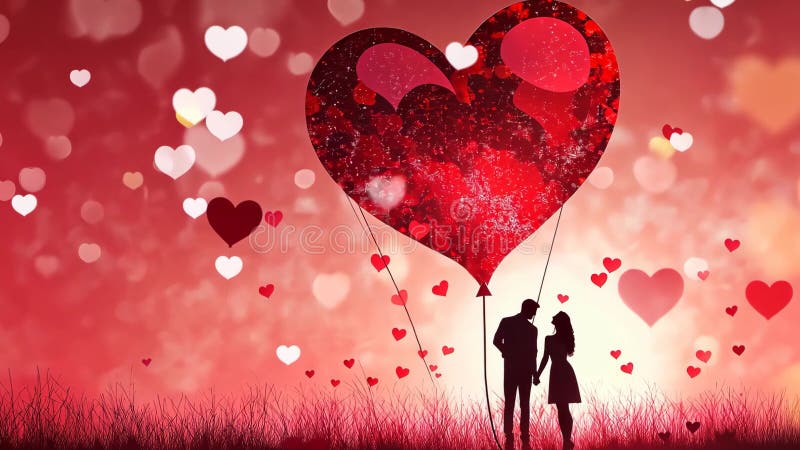 Romantic Couple Standing in Front of Heart-Shaped Light Display Stock ...