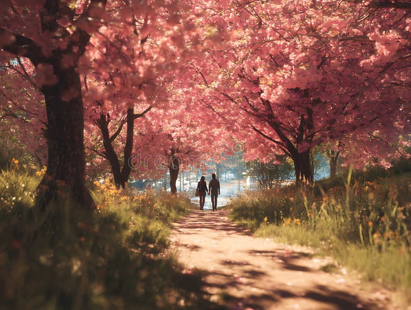 Romantic Couple Under Cherry Blossoms Springtime Path Scene Stock ...