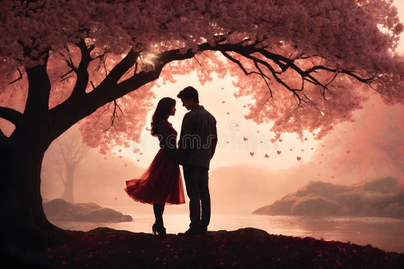 A Romantic Couple Under a Tree with Valentines Themes Stock Image - Image of heart, outing ...