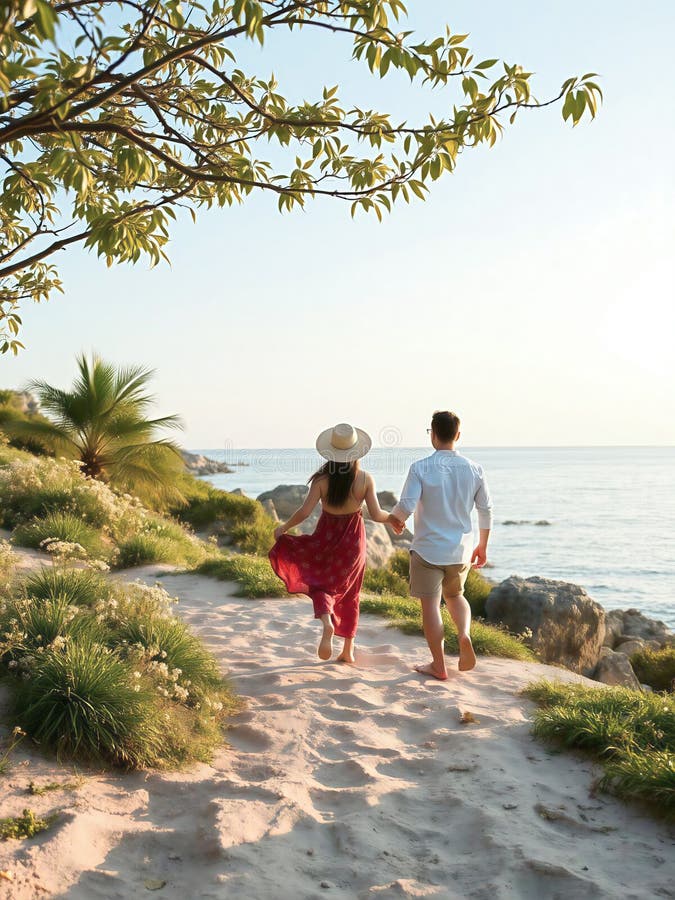 Romantic Couple Walking Hand in Hand Along a Scenic Beach Path at ...