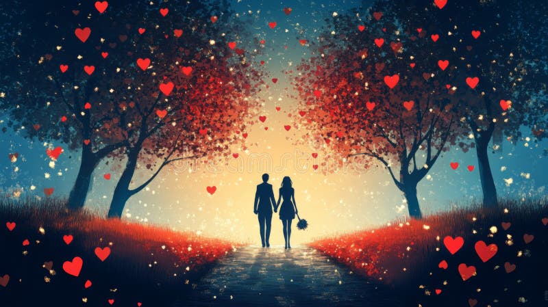 Romantic Couple Walking through Heart Shaped Tree Pathway Stock ...