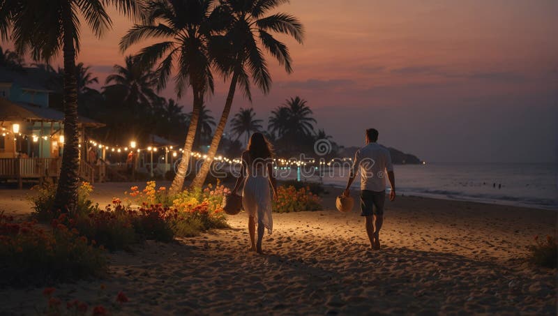 Romantic Couple Walking on Tropical Beach at Sunset with String Lights ...