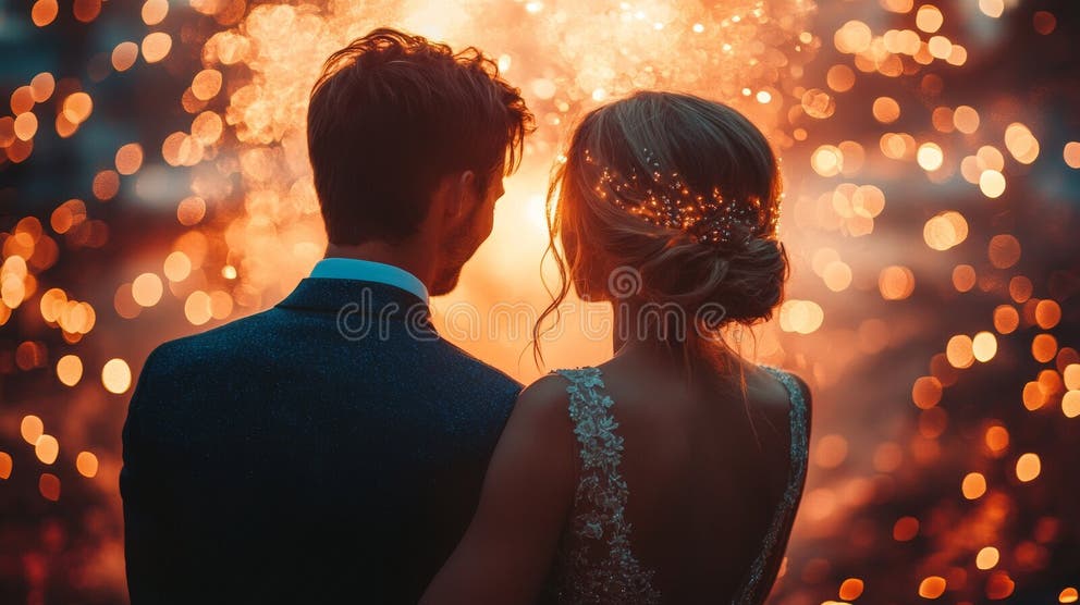 Romantic Couple Watching Fireworks Display Stock Illustration ...