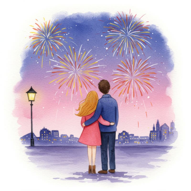 Romantic Couple Watching Fireworks Over City at Night Stock ...