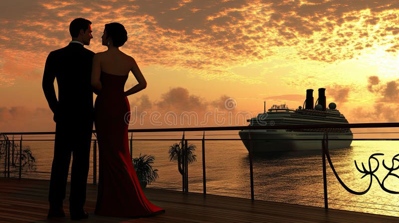 Romantic Couple Watching Sunset Cruise Ship Stock Illustration ...
