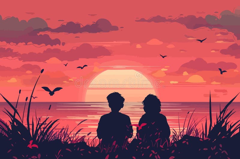 Romantic Couple Watching the Sunset Together Isolated Stock ...