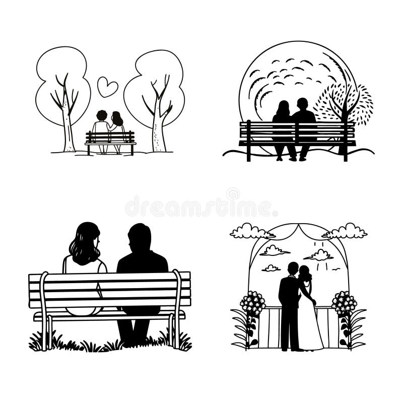 Romantic Couples Relaxing on Park Benches, a Collection of ...