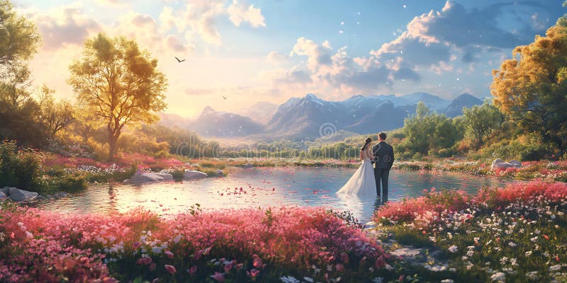 Romantic Couples Wedding Day Serene Lake Blooming Garden Stock Illustration - Illustration of ...
