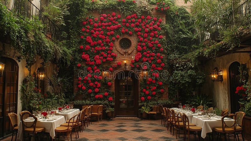 Romantic Courtyard Dining Experience with a Vibrant Rose Wall Stock ...