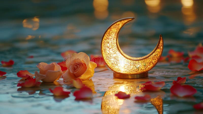 Romantic Crescent Moon Candlelight with Rose Petals Stock Illustration ...