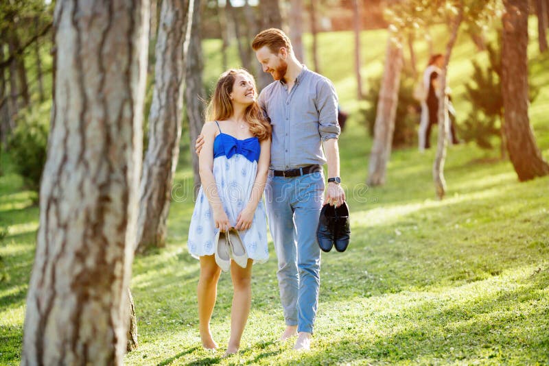 Romantic Couple Walking Forest Stock Image - Image of lifestyle, casual ...