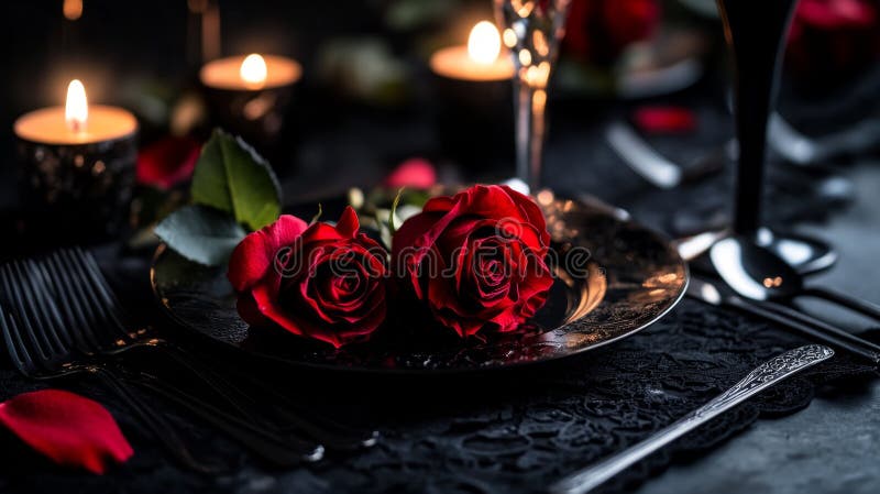 Romantic Dark Valentine Theme with Red Roses and Black Lace Setting ...