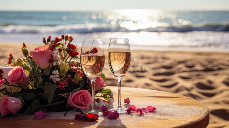 Romantic Date on Beach. Luxury Resort with Table by the Sea with Wine ...