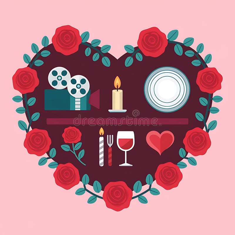 Romantic Date Ideas Card with Icon Set Stock Illustration ...