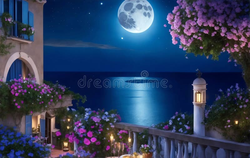 Romantic Date Place with Full Moon, Generative AI Illustration Stock ...