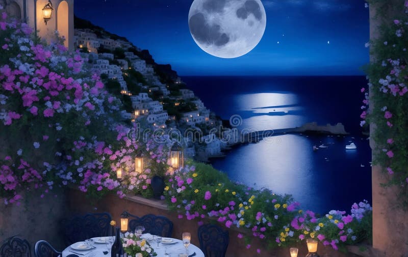 Romantic Date Place with Full Moon, Generative AI Illustration Stock ...