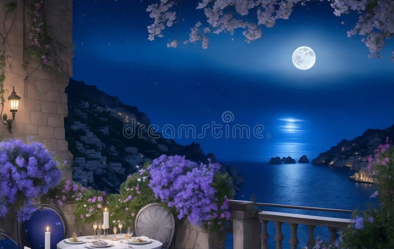 Romantic Date Place with Full Moon, Generative AI Illustration Stock ...