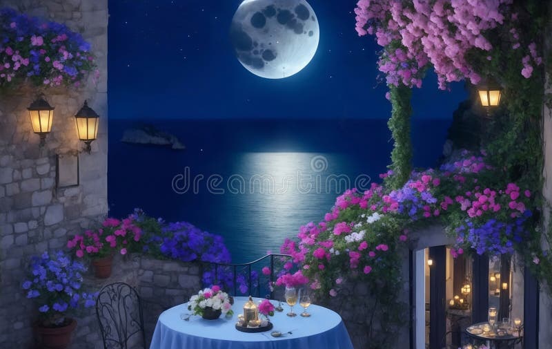 Romantic Date Place with Full Moon, Generative AI Illustration Stock ...