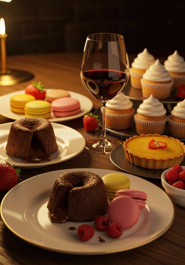 Romantic Dessert Table Setting with Chocolate Lava Cakes and Wine Stock ...
