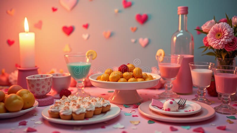 Romantic Dessert Table with Sweets, Flowers, and Candlelight Stock ...