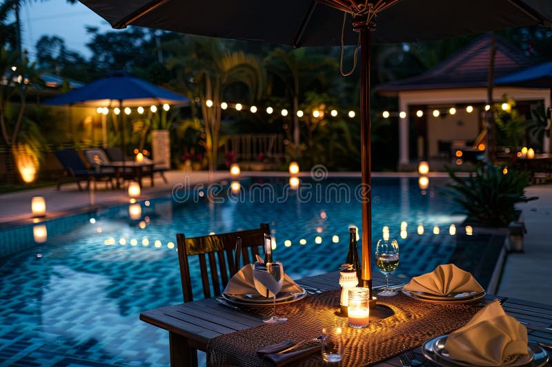 Romantic Evening Dinner Setup by the Poolside with Candlelight and ...