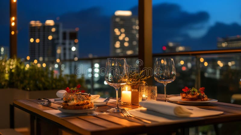 Romantic Dinner with Cityscape View at Night Stock Illustration ...