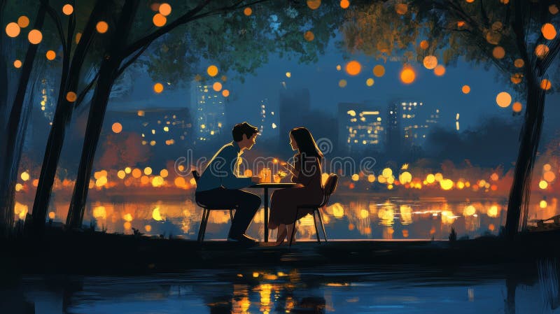 Romantic Dinner Date by the Lakeside at Night Stock Illustration ...