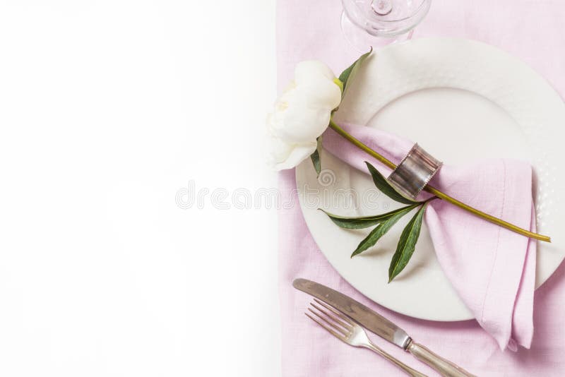 Romantic Dinner. Elegance Table Setting with Plant on Pink Linen ...