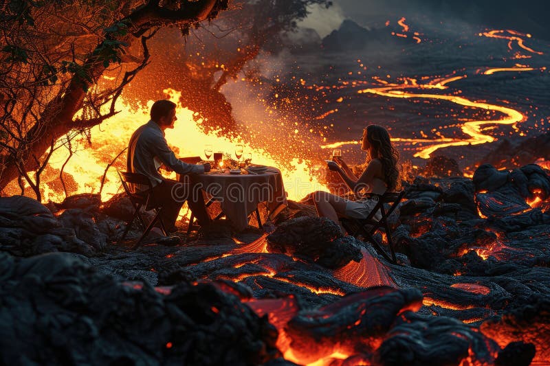 Romantic Dinner on Erupting Volcano, Romantic Couple Having Dinner ...