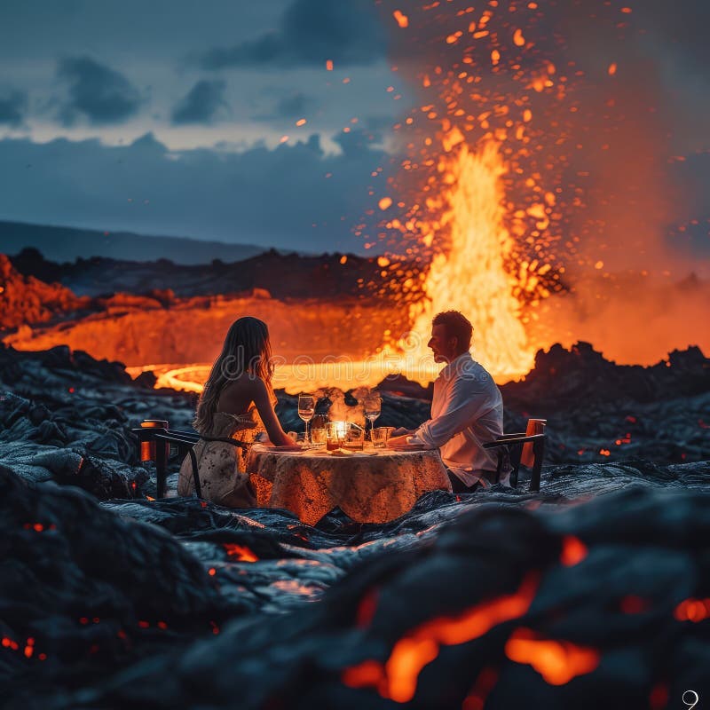 Romantic Dinner on Erupting Volcano, Romantic Couple Having Dinner ...