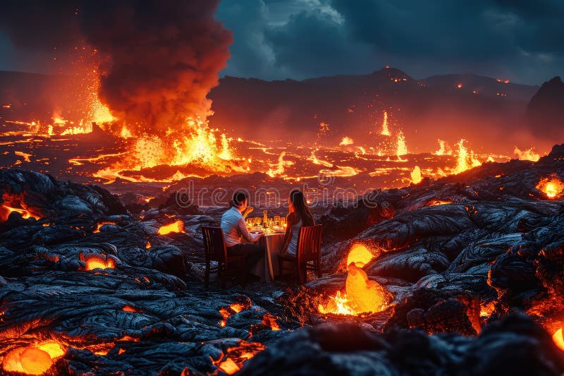 Romantic Dinner on Erupting Volcano, Romantic Couple Having Dinner ...