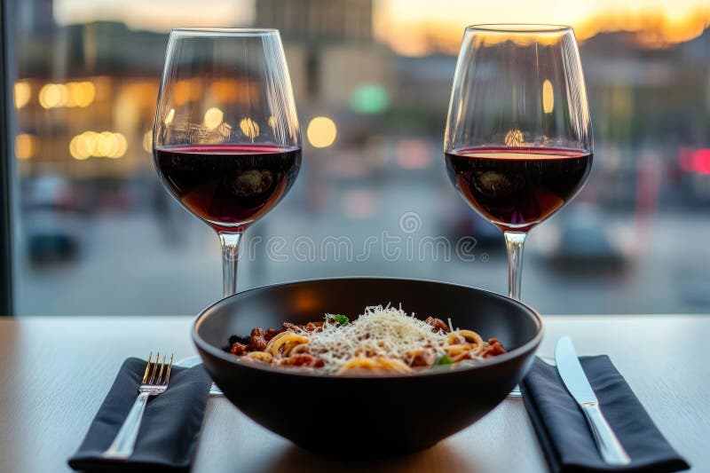 A Romantic Dinner Featuring Pasta and Red Wine, Set Against the ...
