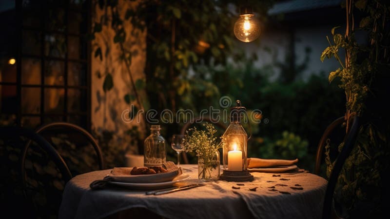 Romantic Dinner in the Garden at Night. Table Setting with Candles ...