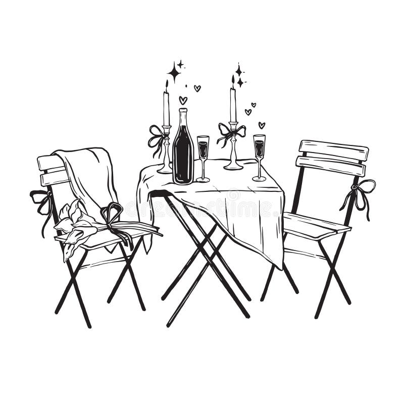 Romantic Dinner Hand Drawn Illustration, Valentine Day Served Table ...