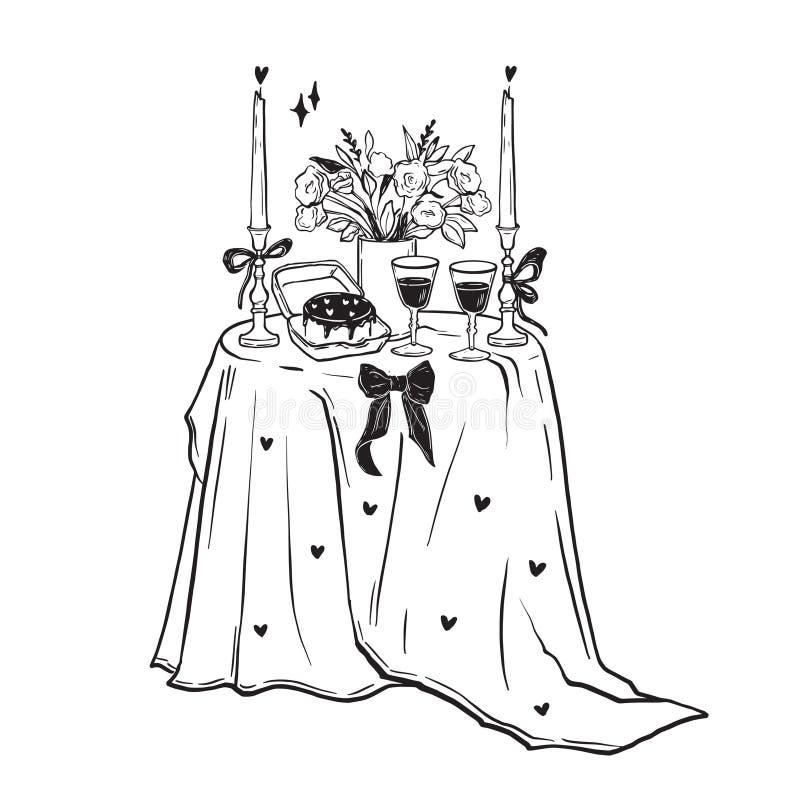 Romantic Dinner Illustration, Hand Drawn Vector Served Table Doodle ...