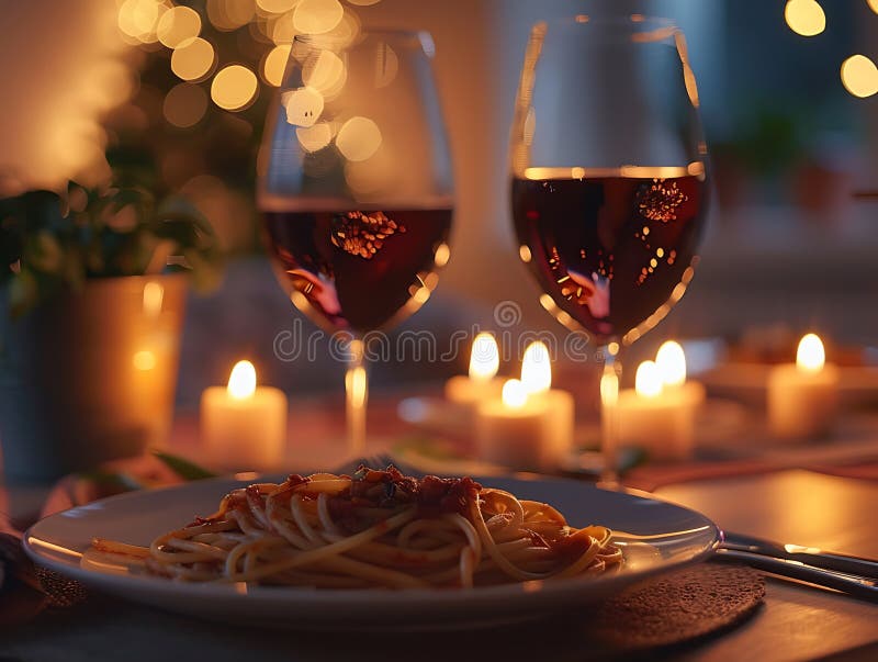 A Romantic Dinner Scene by Candlelight with a Plate of Spaghetti Stock ...
