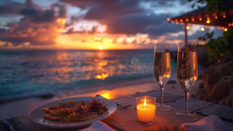 Romantic Dinner by the Sea at Sunset Stock Illustration - Illustration ...