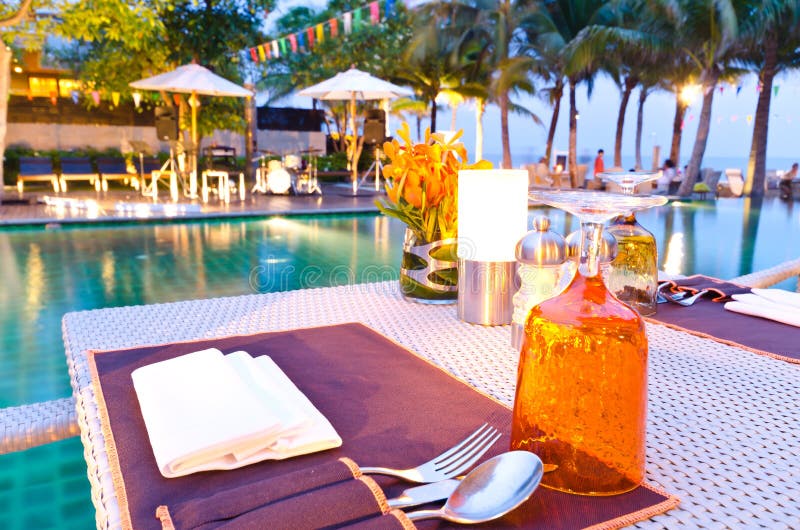 Romantic Dinner Set Up Table Near Pool Stock Photo - Image of romance ...
